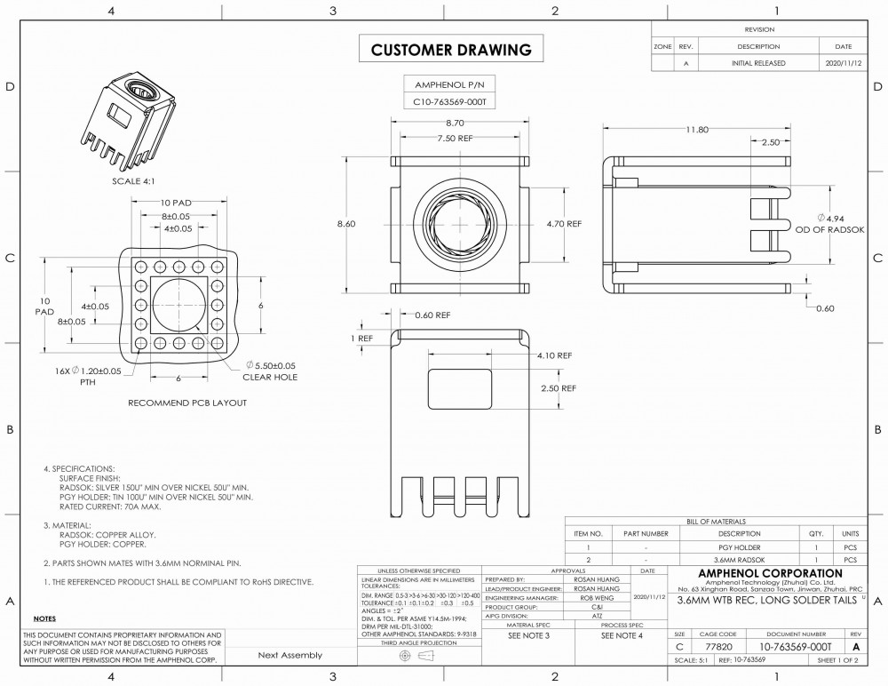 Amphenol WTB036SV093250 technical drawing page 1