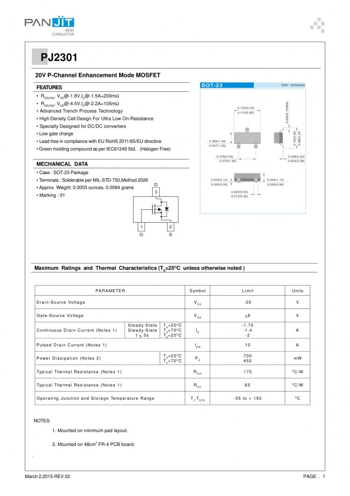 PJ2301 datasheet page 1