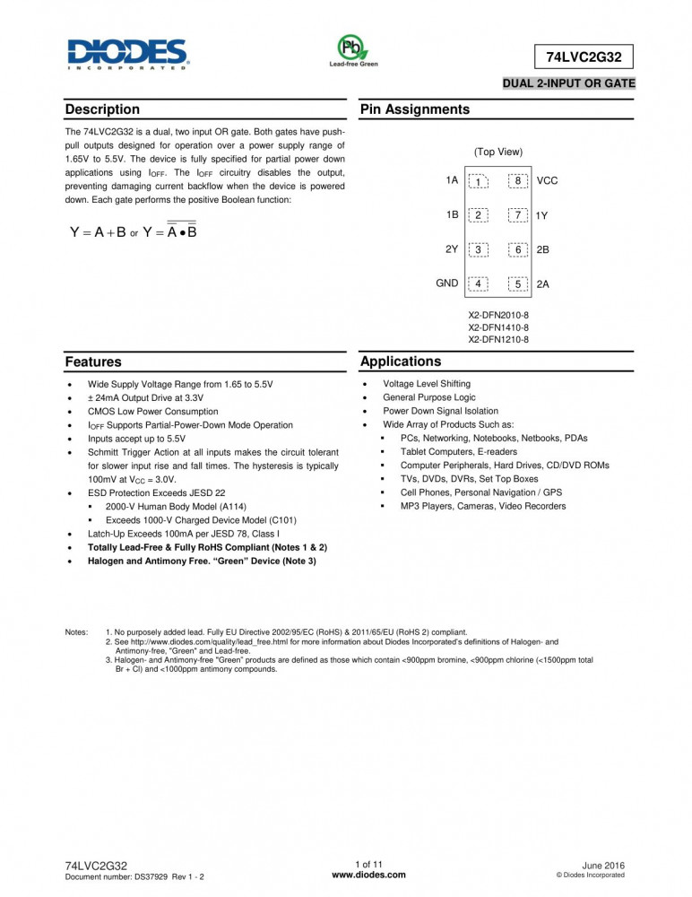 74LVC2G32HK3-7 datasheet page 1