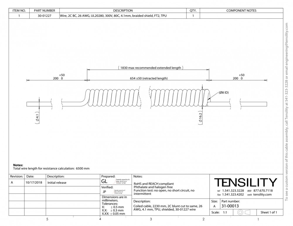 Tensility International 31-00013 cable assembly drawing