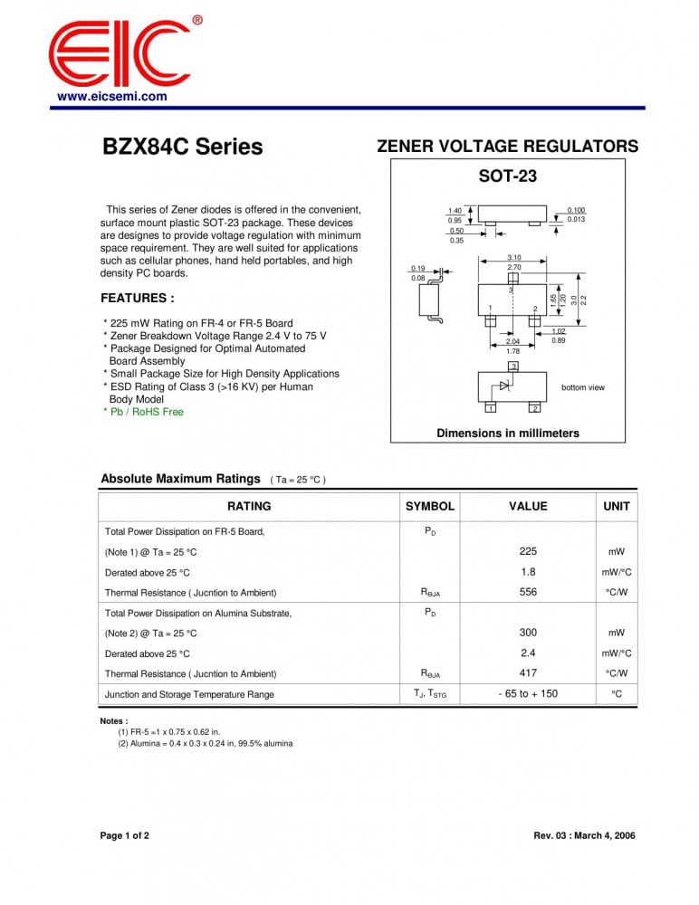 EIC BZX84C series datasheet page 1