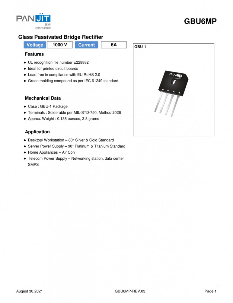 PANJIT GBU6MP datasheet page 1