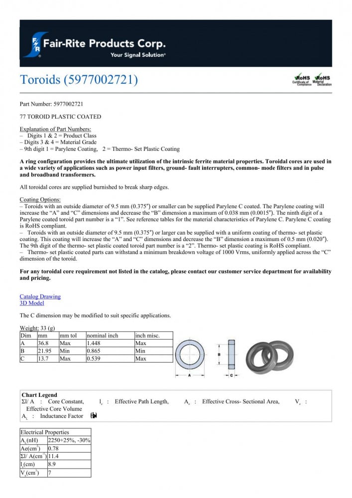 Fair-Rite 5977002721 technical document page 1