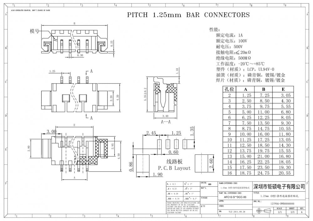 JUSHUO AFC12-S12DCC-00 1.25 mm connector drawing
