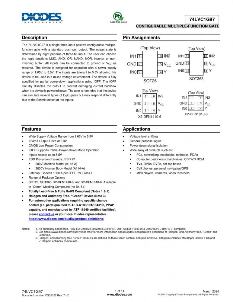 74LVC1G97DW-7 datasheet page 1