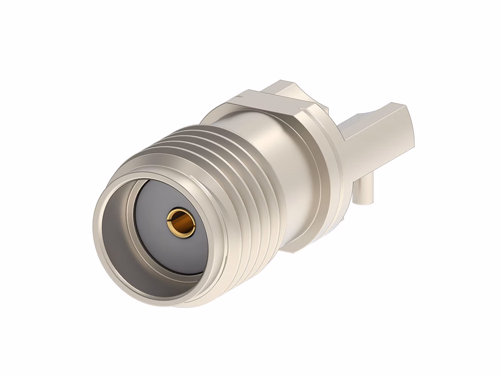 Precision Test Connector, 27 GHz SMA PCB Jack Receptacle, 2-Hole Flange Mount, Solderless Compression Contact, without Screws, Single Bagged, 50 Ohms