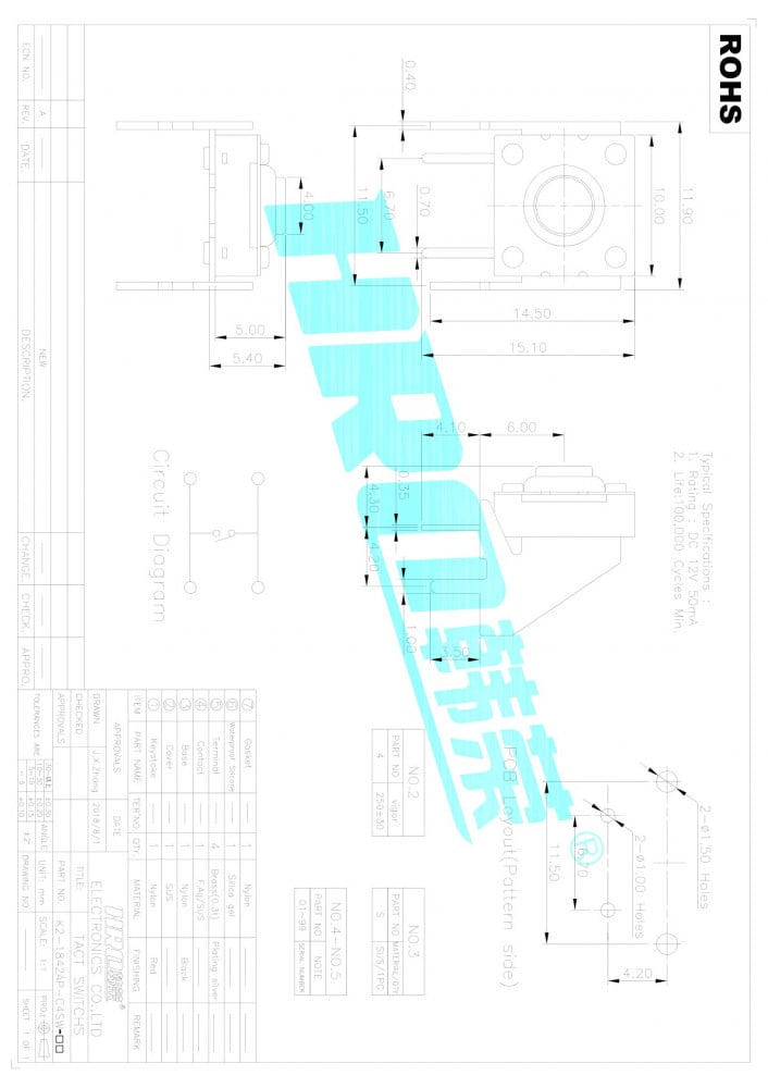 K2-1842AP-C4CW-04 tactile switch technical drawing