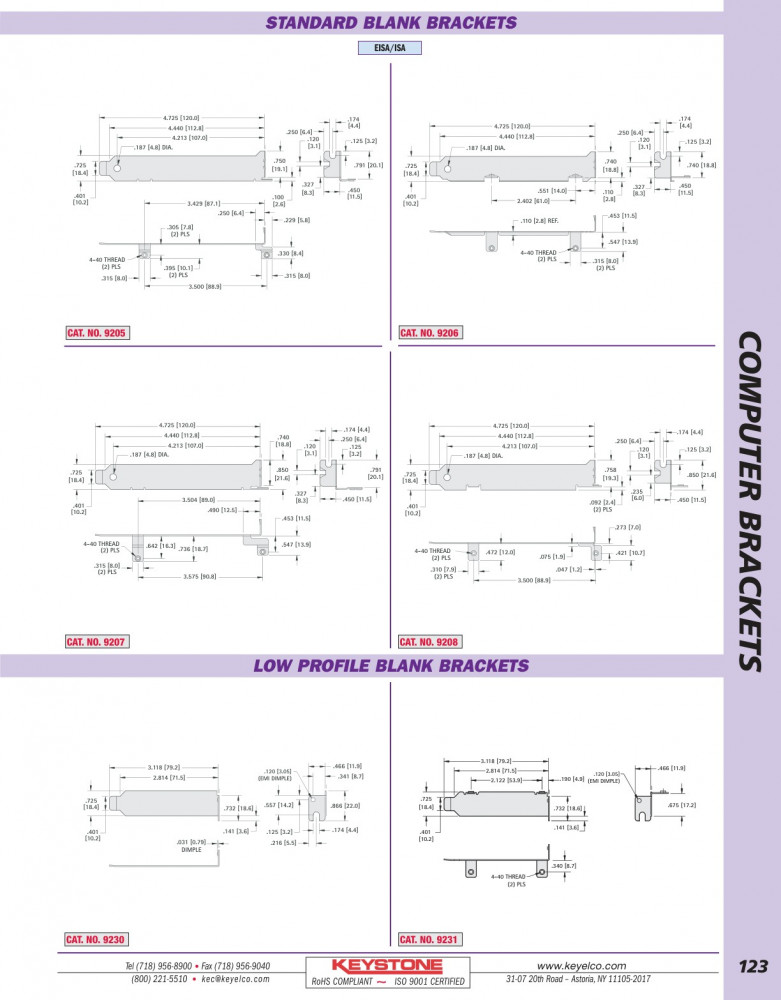 LEA NETWORKS catalog page showing low profile blank brackets, including catalog number 9230