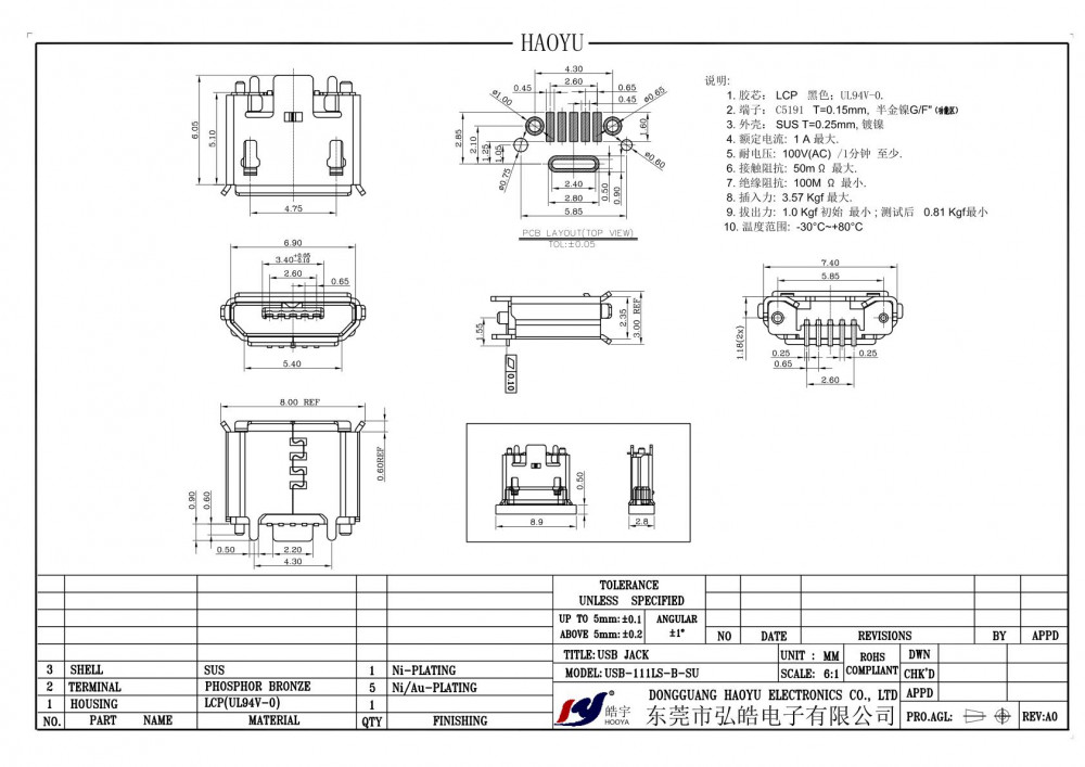 HOOYA USB-111LS-B-SU technical drawing