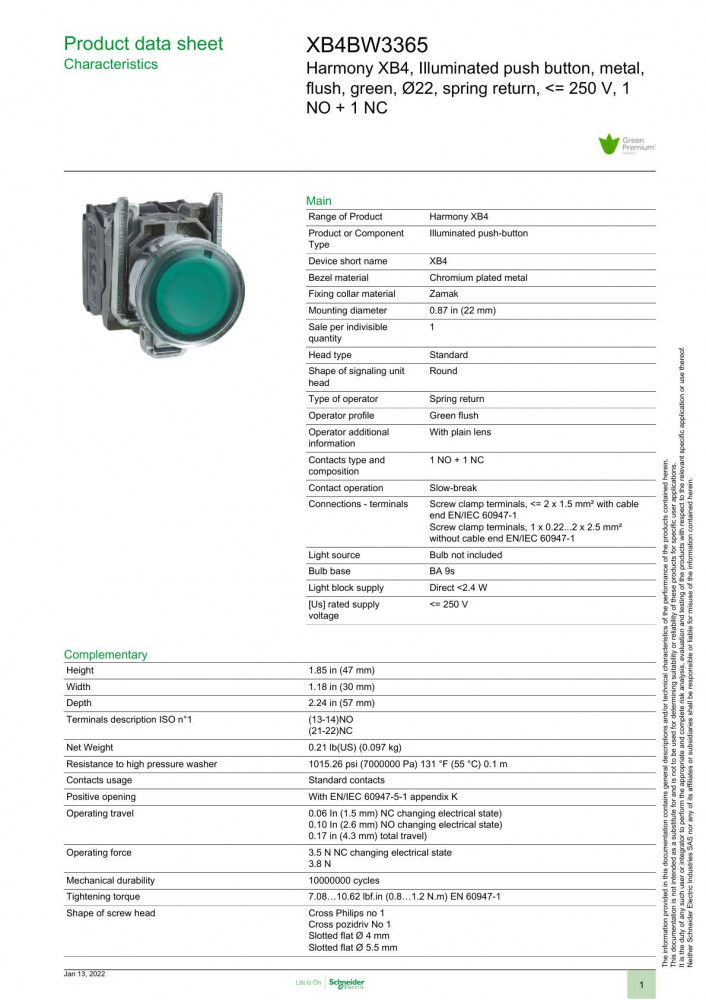 XB4BW3365 technical document page 1