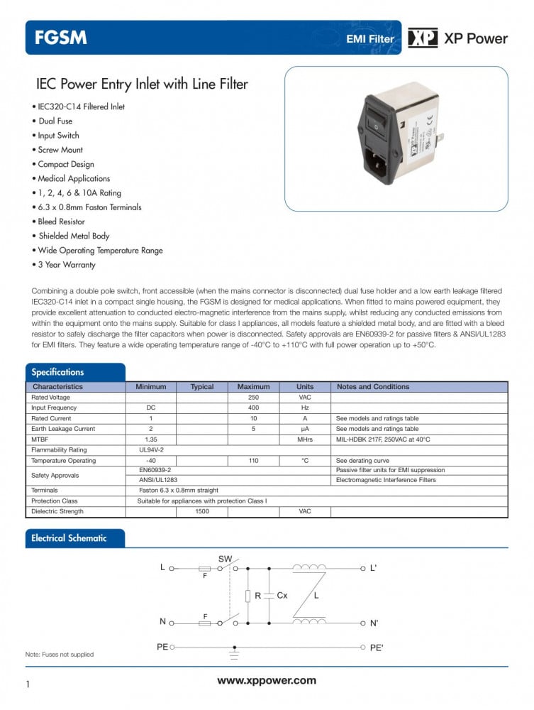 XP Power FGSM filtered IEC inlet document page 1