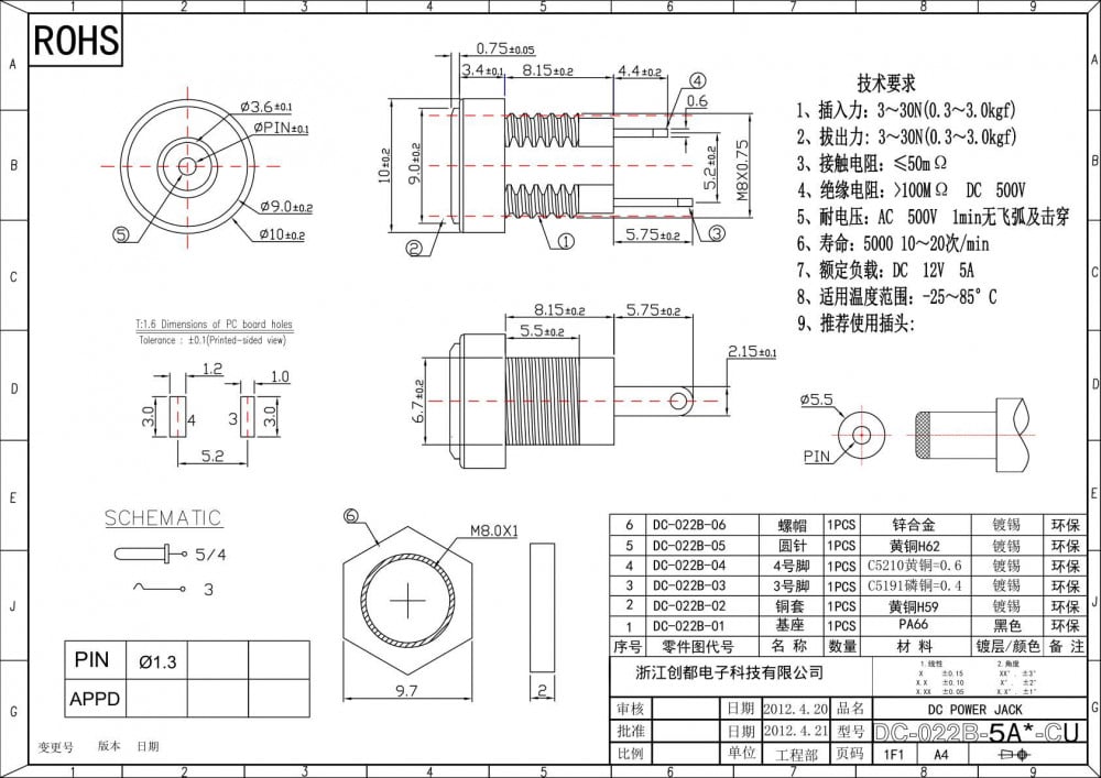 CAX DC-022B-5A-1.3-CU technical document preview