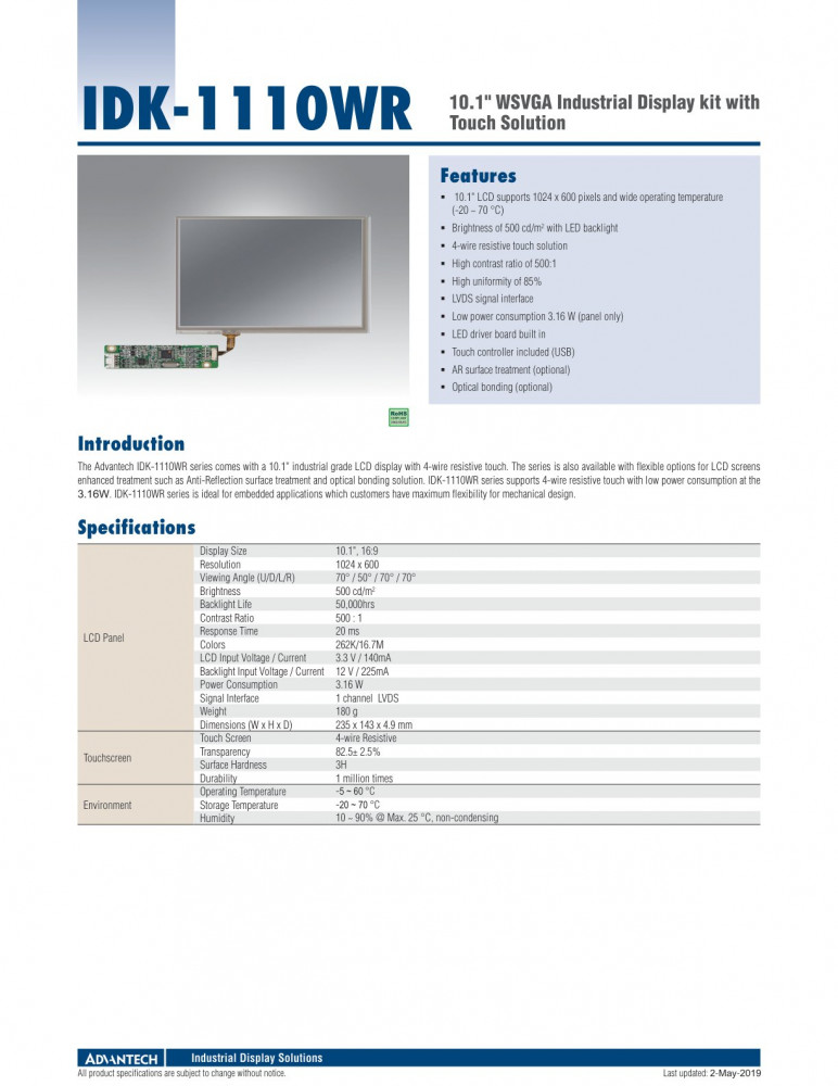 ADVANTECH IDK-1110WR-55WSA1E technical document page 1