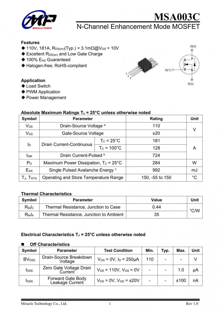 MSA003C datasheet page 1