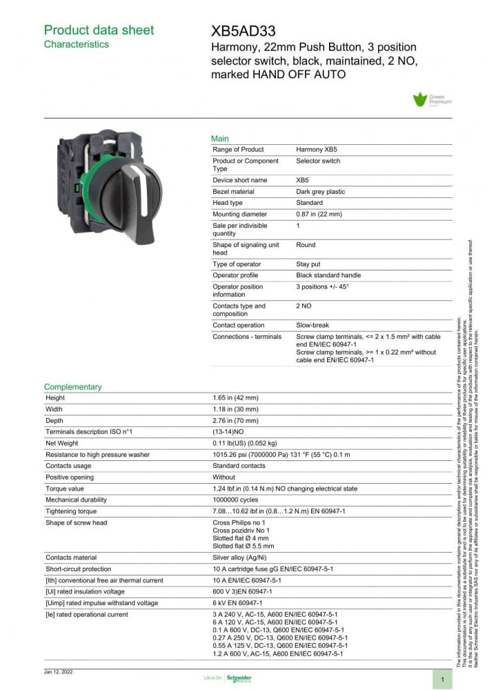 XB5AD33 technical document page 1