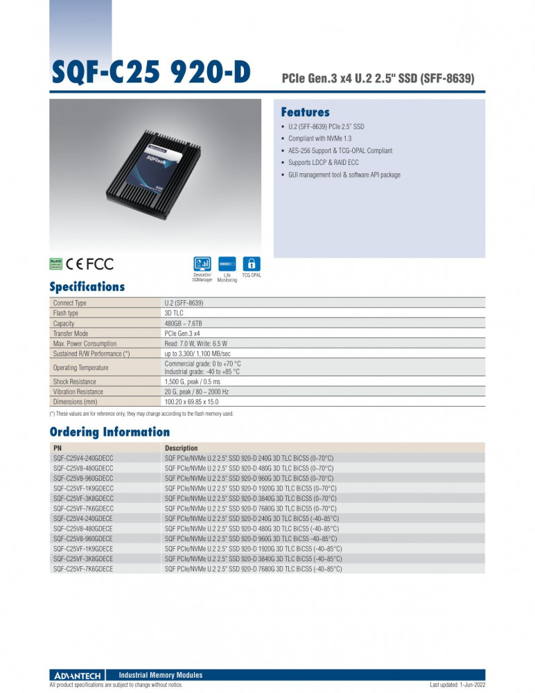 ADVANTECH SQF-C25 920-D product document preview