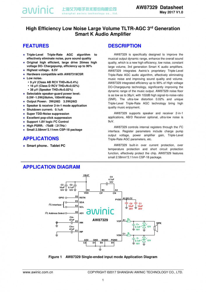 AW87329CSR datasheet page 1
