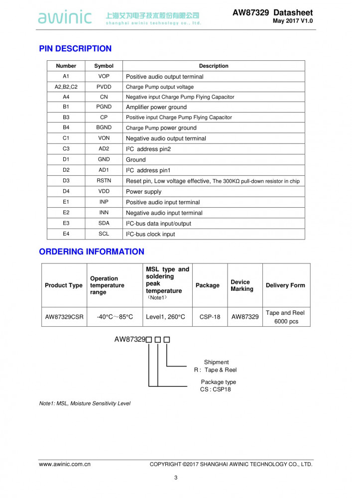 AW87329CSR datasheet page 3