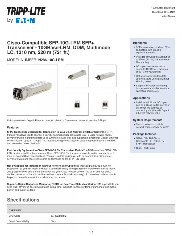 N286-10G-LRM technical document page 1