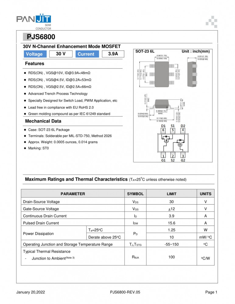 PJS6800 datasheet page 1