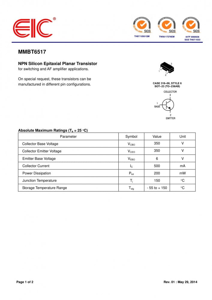 MMBT6517BEC datasheet page 1