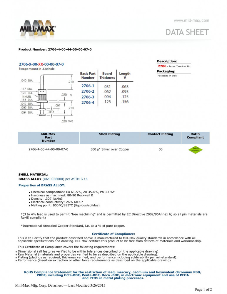 Mill-Max 2706 series technical drawing page 1