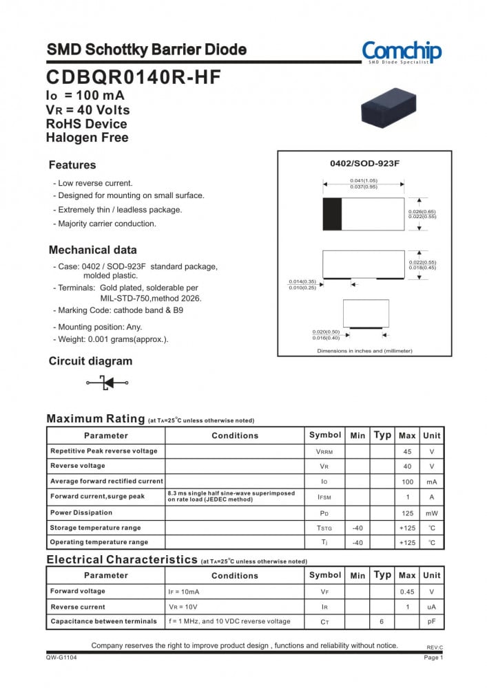 CDBQR0140R-HF datasheet page 1