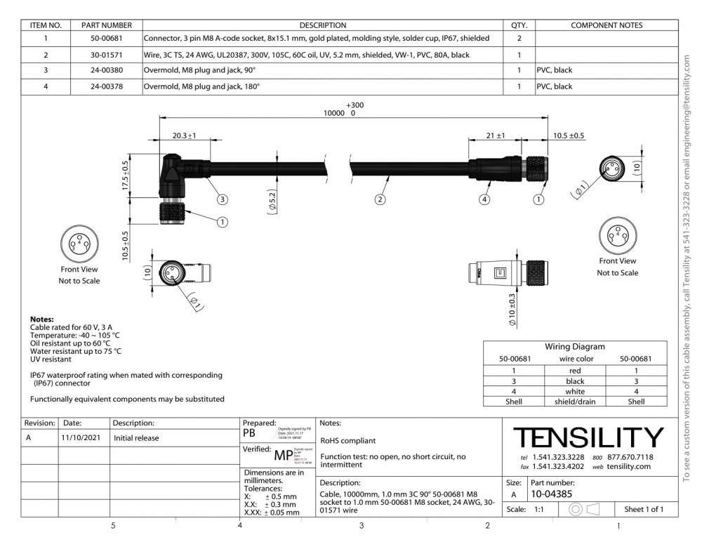 Tensility International product drawing for cable assembly 10-04385