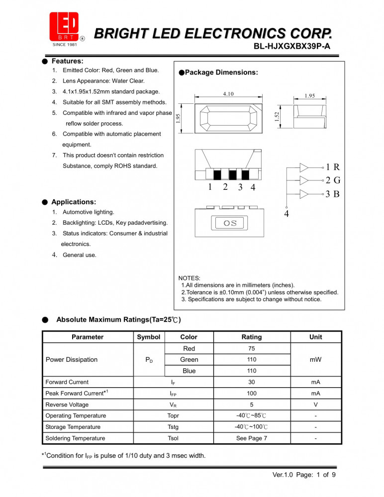 BL-HJXGXBX39P-A datasheet page 1