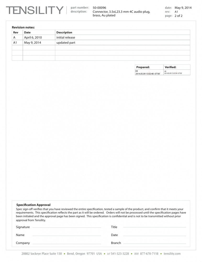 Tensility International 50-00096 specification page 2 and mechanical drawing