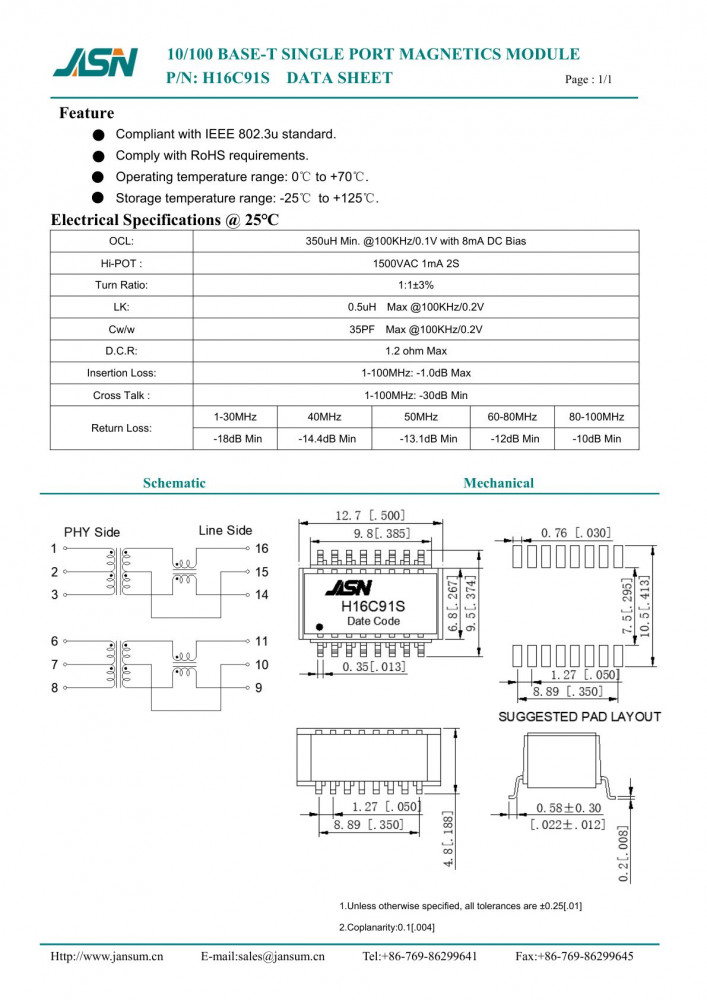 JASN H16C91S technical drawing and specification page