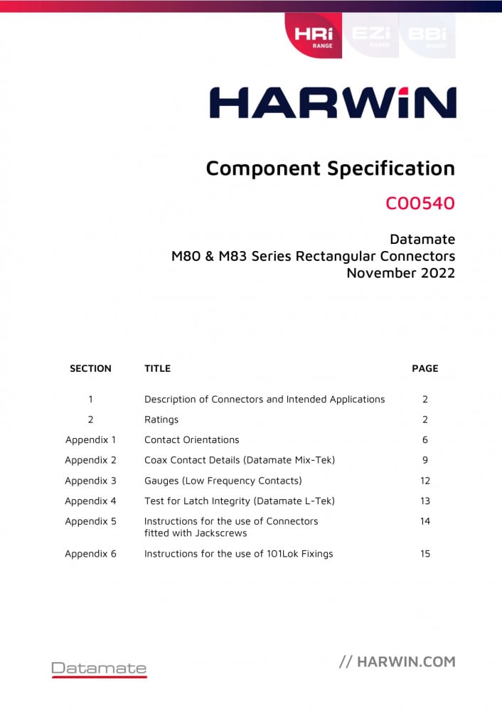 Harwin Datamate specification page 1