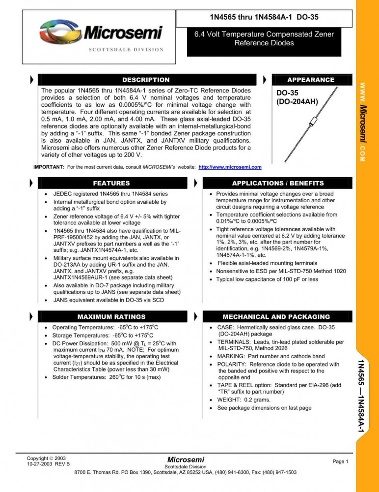 1N4568A-1 datasheet page 1
