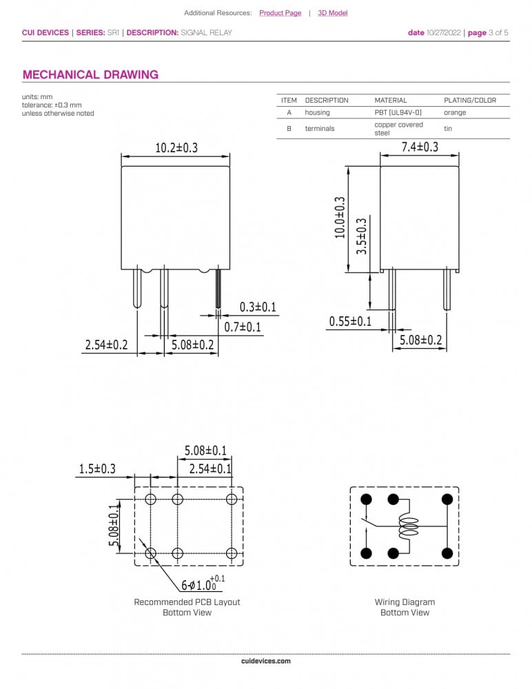 CUI SR1 relay datasheet page 3