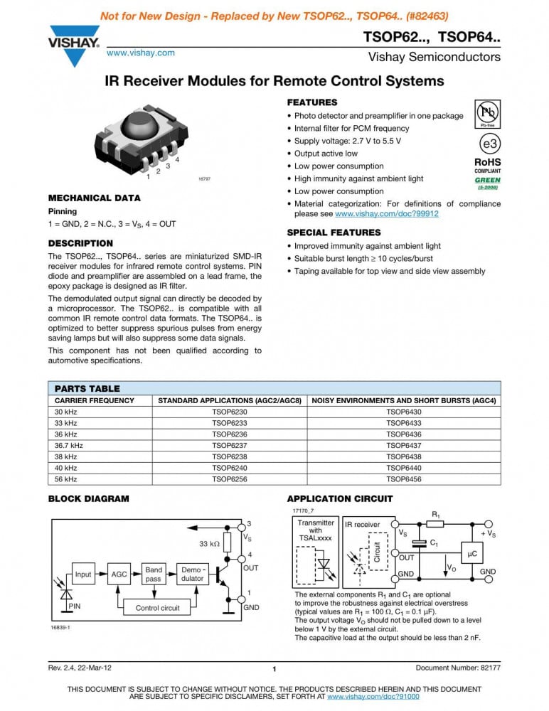 TSOP6237TR datasheet page 1