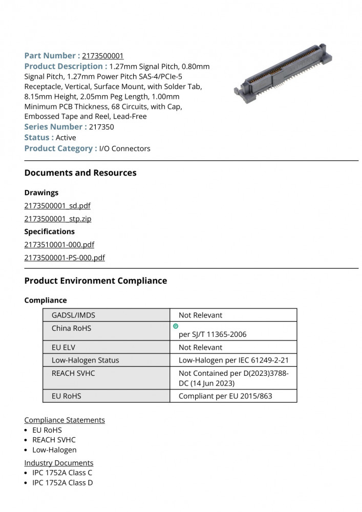 MOLEX 2173500001 technical document preview, page 1