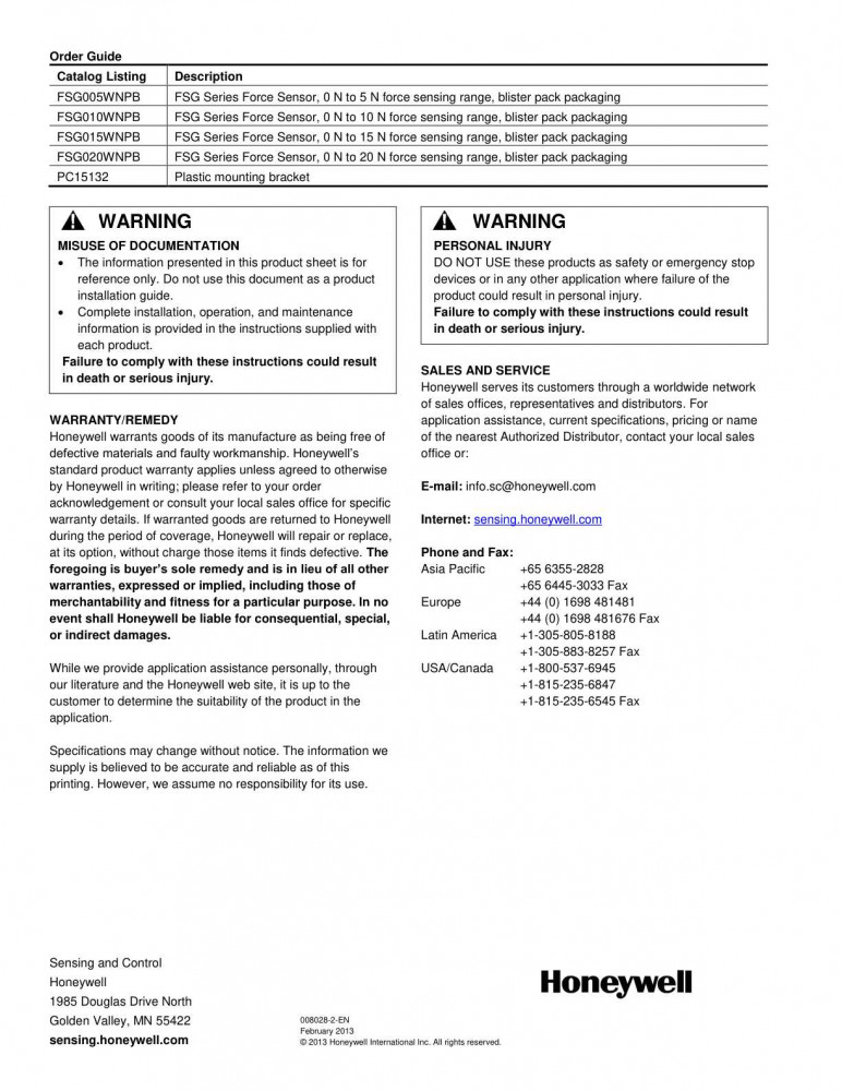 Honeywell FSG Series datasheet page 4