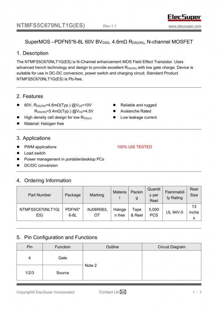 NTMFS5C670NLT1G(ES) datasheet page 1