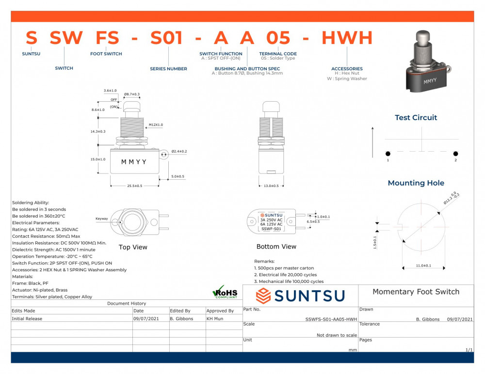 SSWFS-S01-AA05-HWH momentary foot switch product drawing