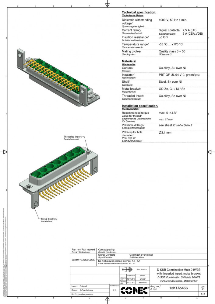 Conec 3024W7SAU99G20X product specification and materials drawing