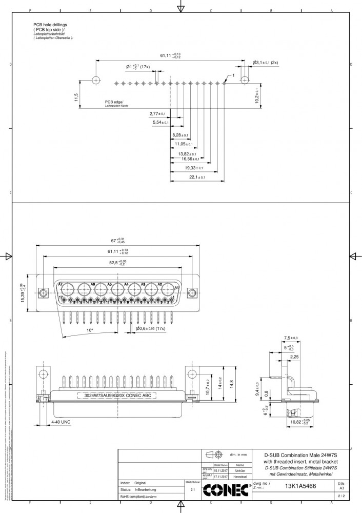 Conec 3024W7SAU99G20X PCB hole drilling drawing