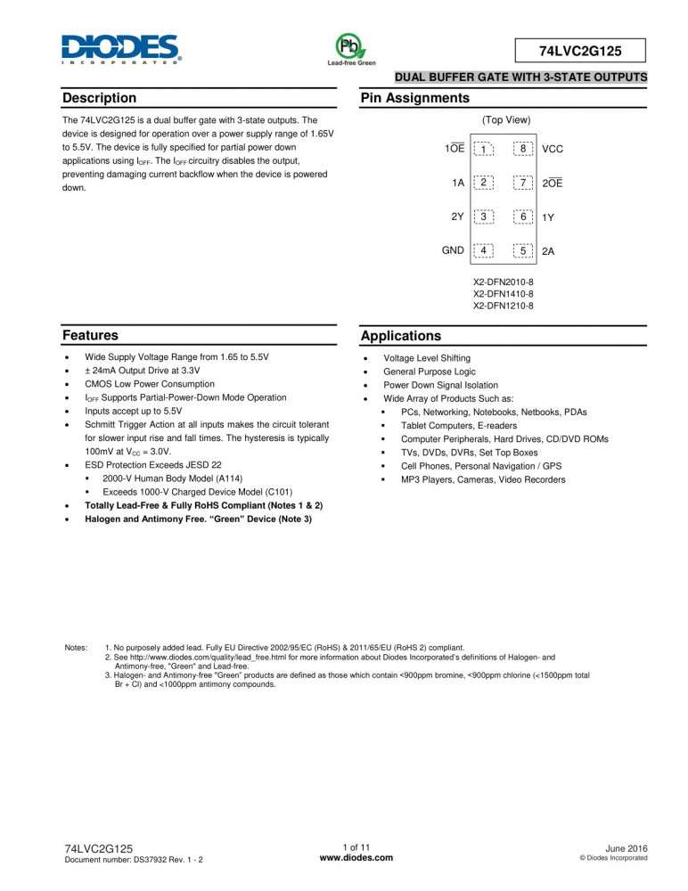 74LVC2G125RA3-7 datasheet page 1