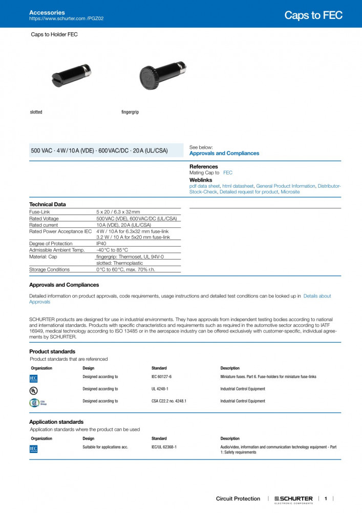 SCHURTER 0031.1611 technical document page 1