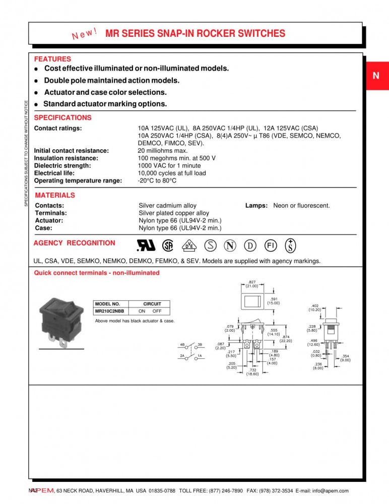 APEM MR210 series technical document page 1