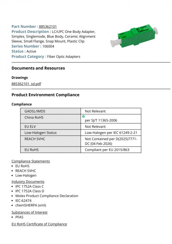 MOLEX 885362101 product drawing preview, page 1