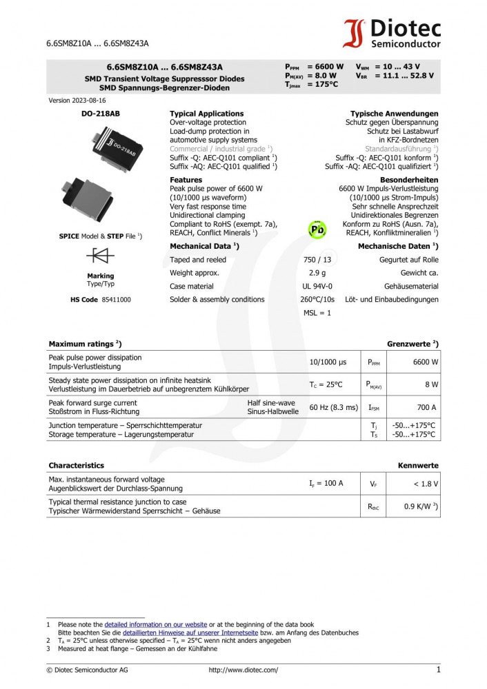 DIOTEC 6.6SM8Z series datasheet page 1