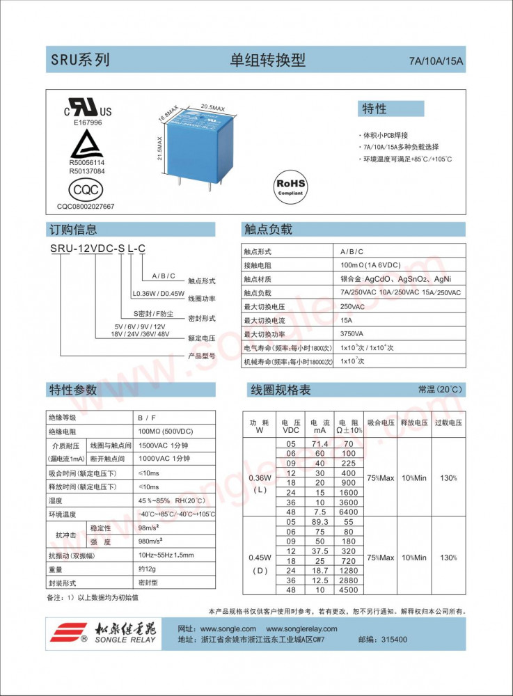 SRU series relay datasheet page 1