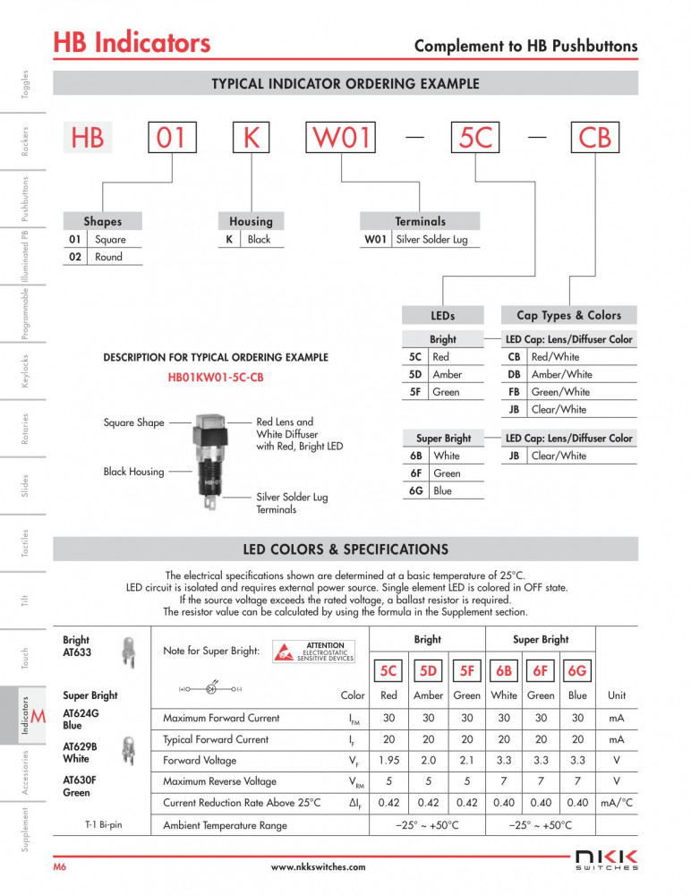 NKK Switches HB-series indicator technical document preview, page 1