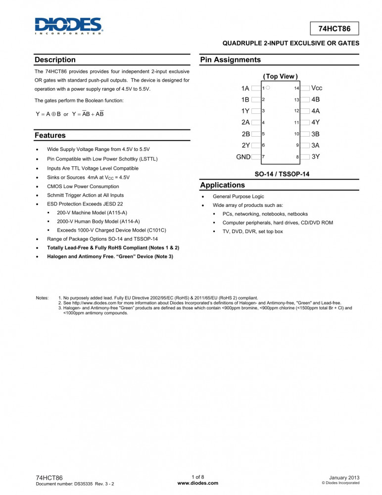 74HCT86S14-13 datasheet page 1