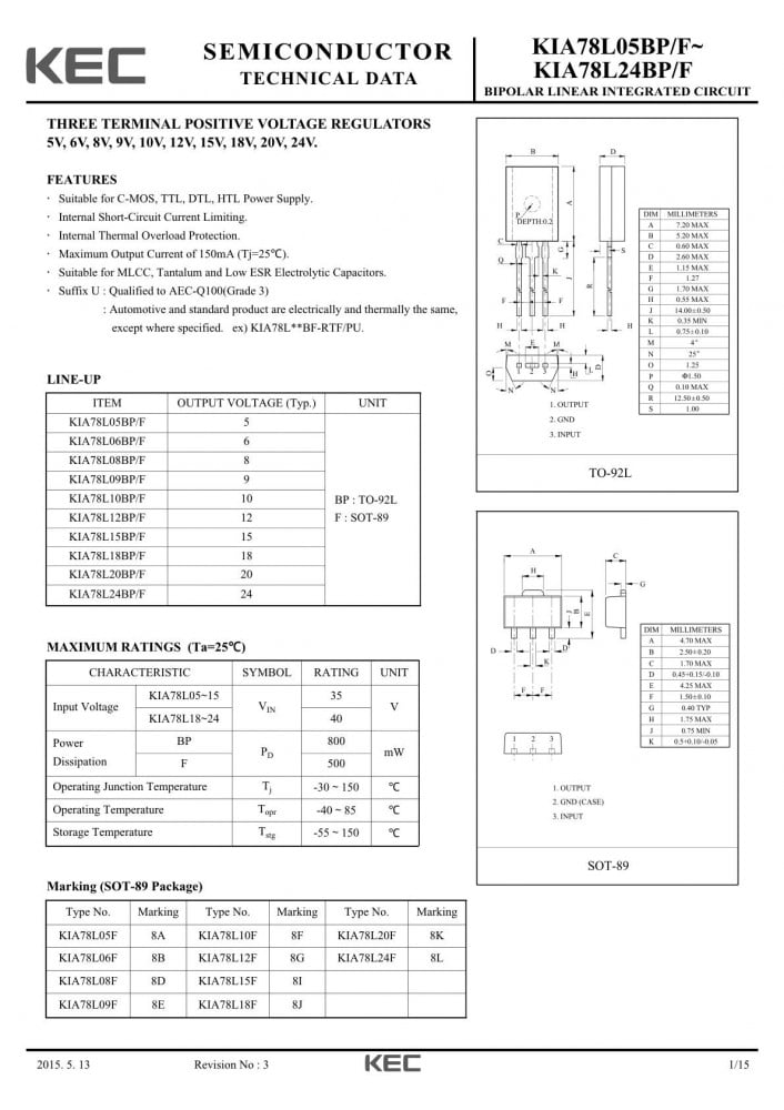 KIA78L08F-RTF/P datasheet page 1